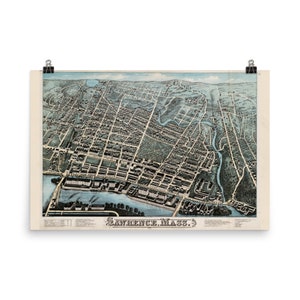 Old Lawrence MA Map (1876) Vintage Massachusetts City Birds Eye View ...