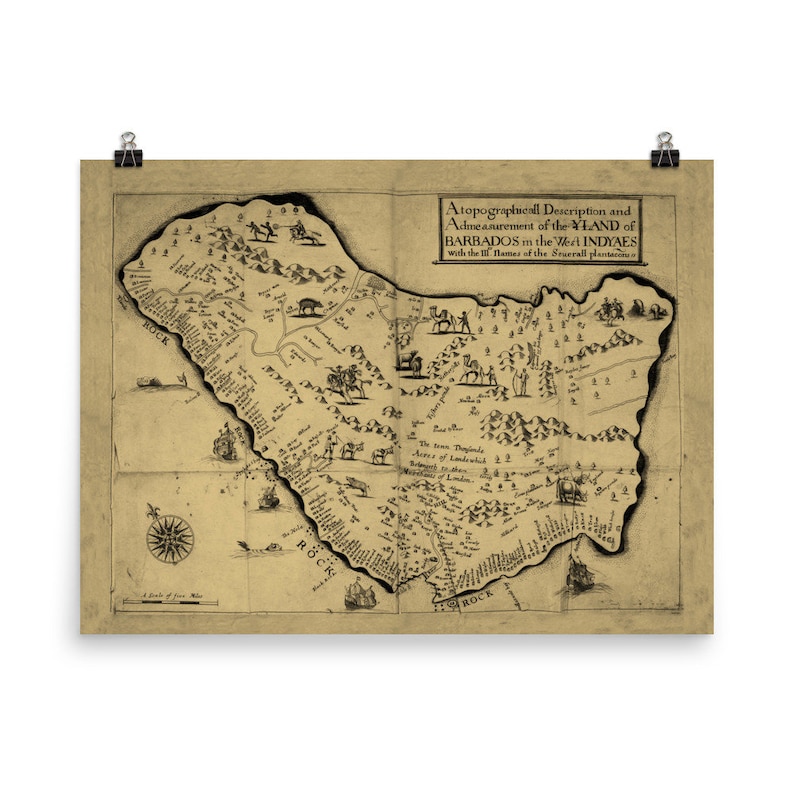 Old Barbados Map 1657 Vintage Pictorial Island Atlas Poster | Etsy