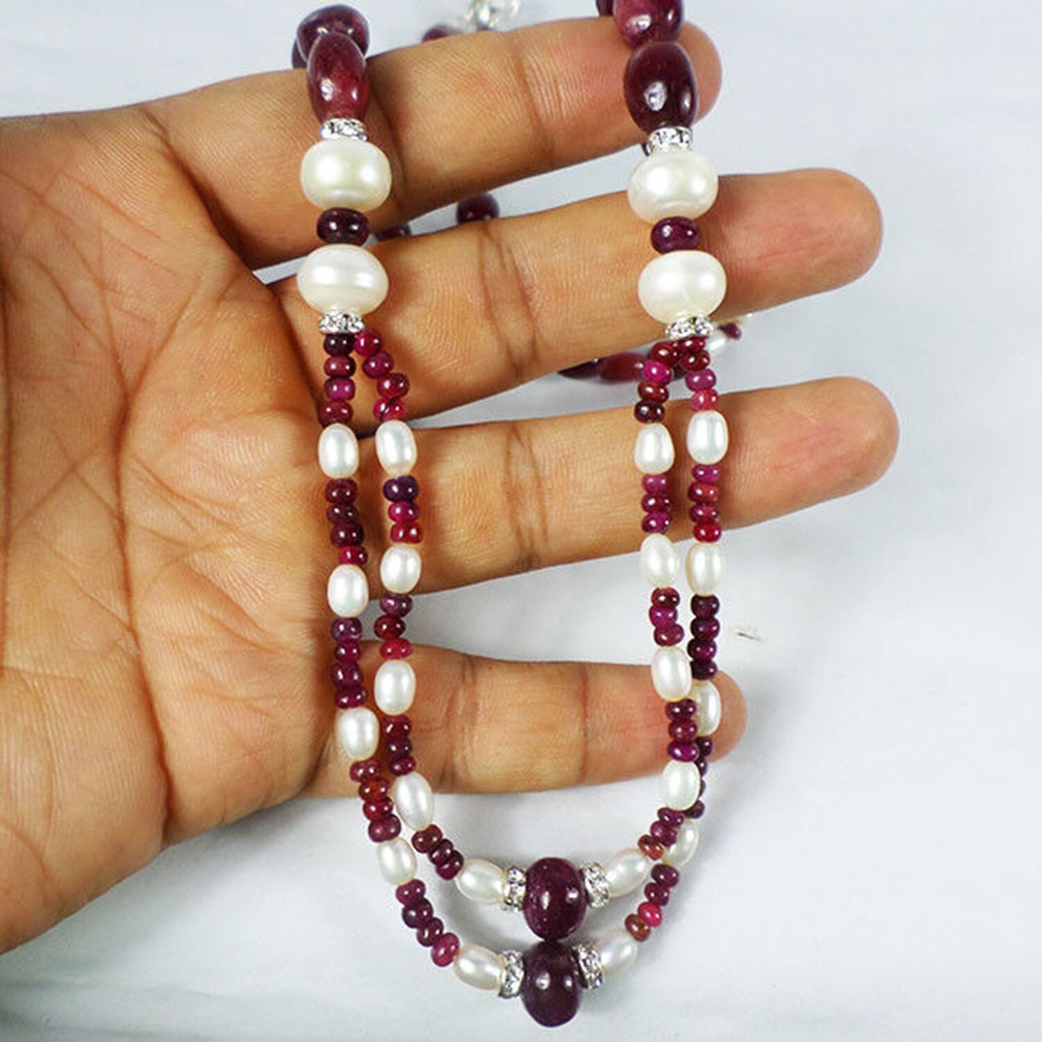 27 Long Natural Red Ruby & Pearl Necklace w Earring | Etsy