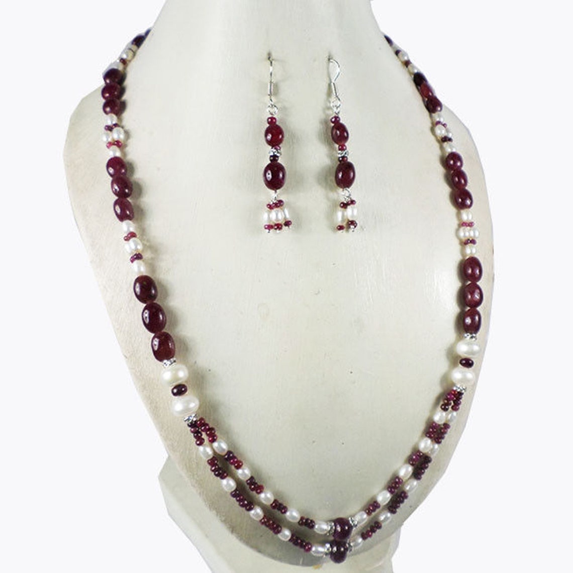 27 Long Natural Red Ruby & Pearl Necklace w Earring | Etsy