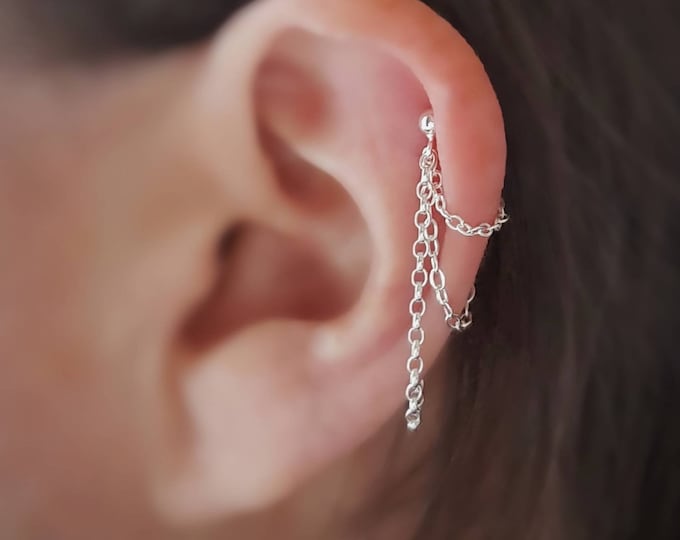 Sterling Silver Helix Cartilage Earring. Triple Chain Earring. - Etsy