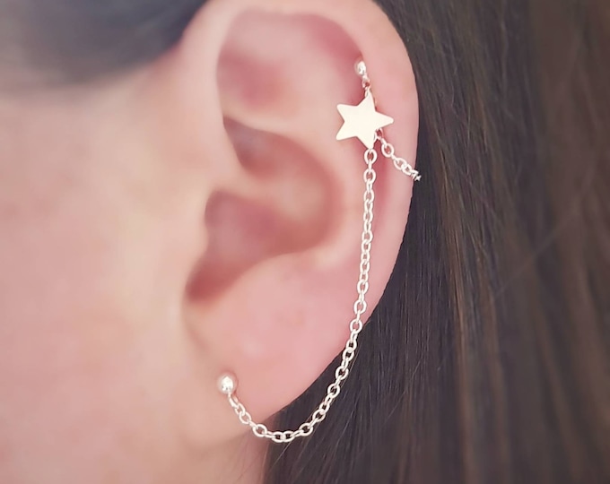 Sterling Silver Star Charm Helix Cartilage to Lobe Double Chain Double ...