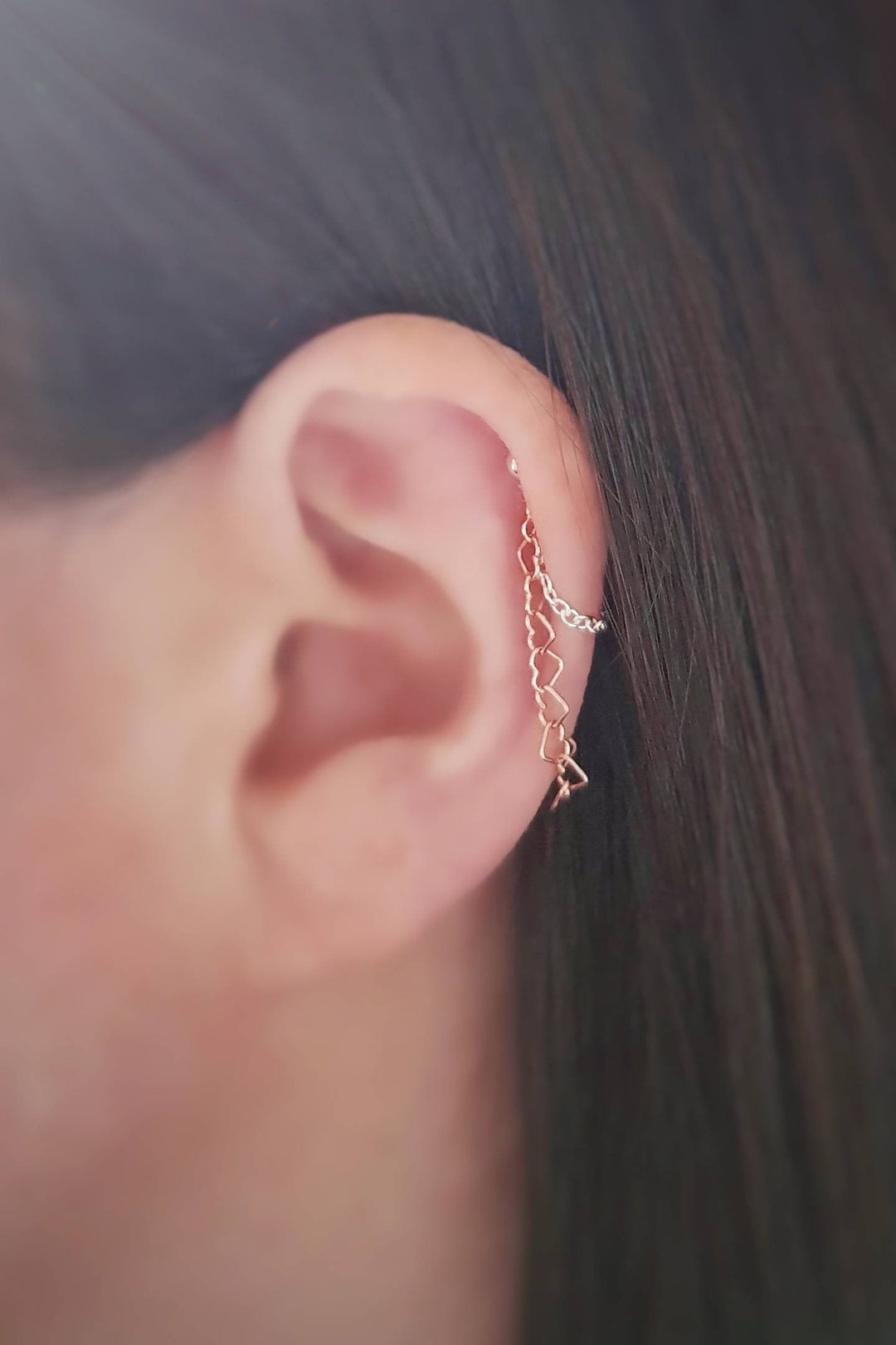 Sterling Silver and Rose Gold Heart Chain Helix Cartilage Earring ...