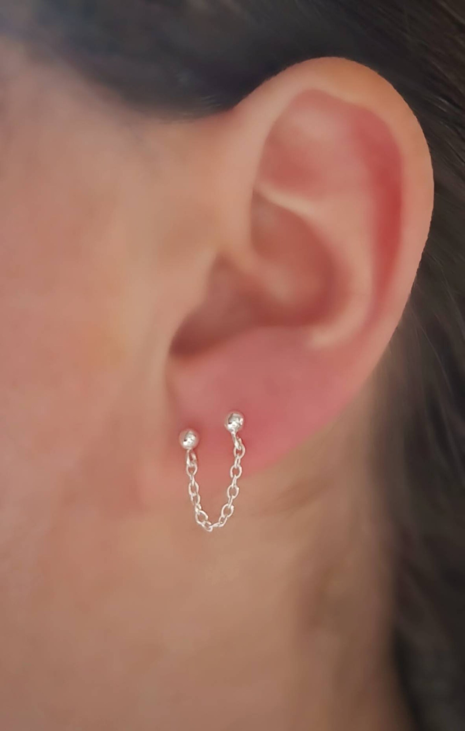 Sterling Silver Double Lobe Chain Earring. Connected Earring Single ...