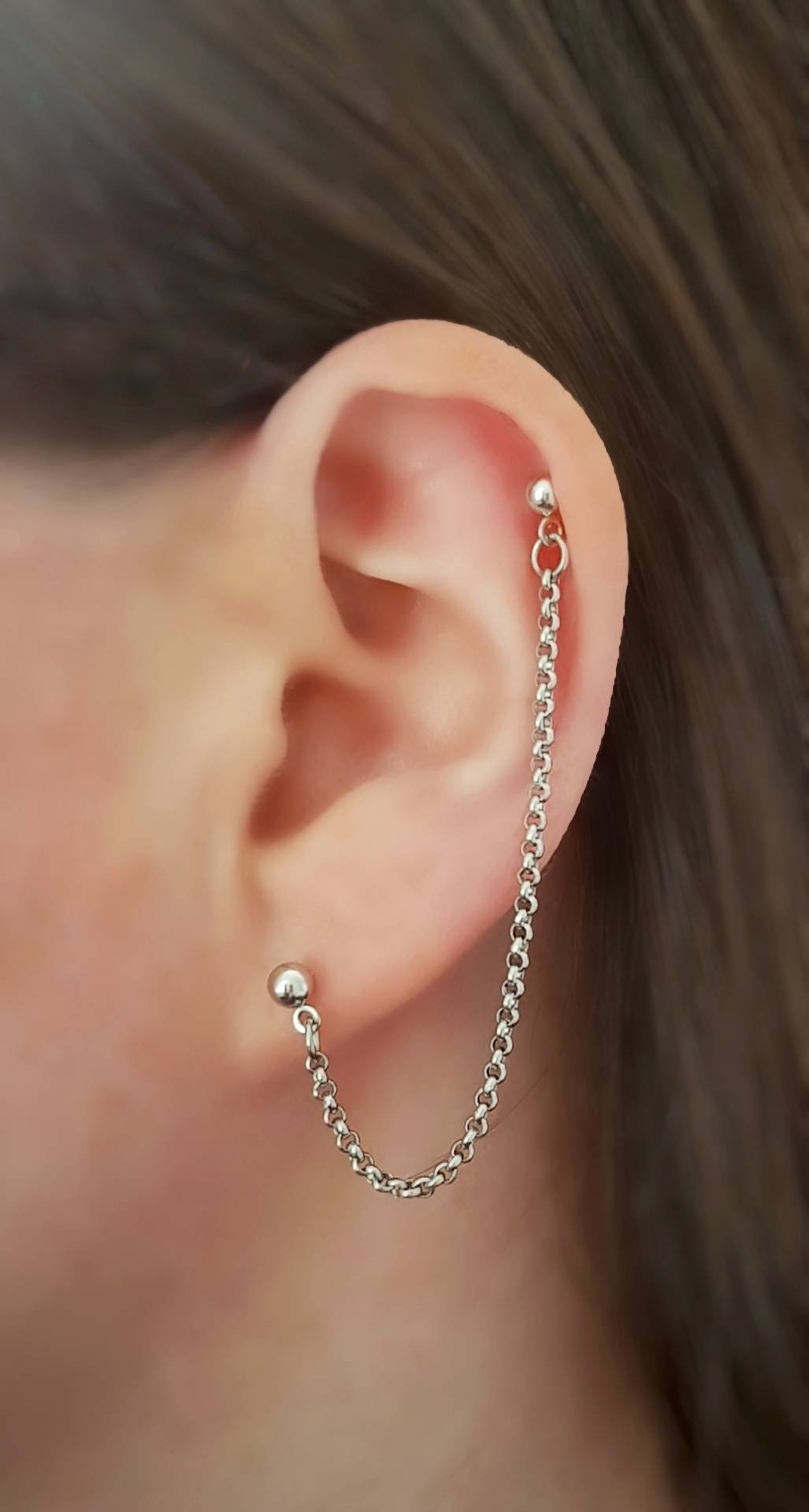 Helix Cartilage to Lobe Stainless Steel Silver Chain Double | Etsy