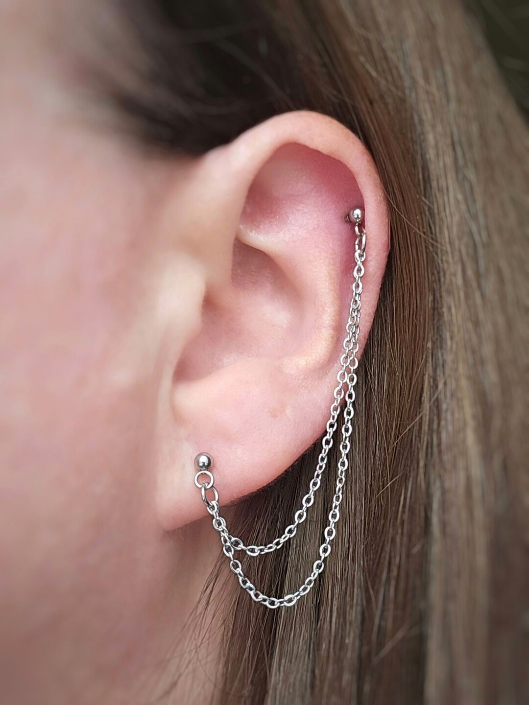 Helix Cartilage to Lobe Earring Stainless Steel Double Chain - Etsy