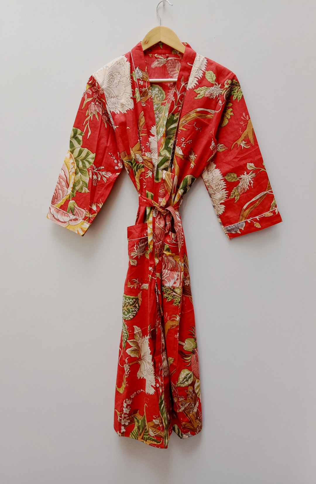 Cotton Kimono Robes, Red Big Floral Print Kimono, Soft and Comfortable ...