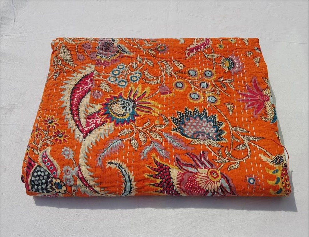 Dragon Print Kantha Quilt: Handmade Indian Cotton Bedspread (108x90) - Etsy