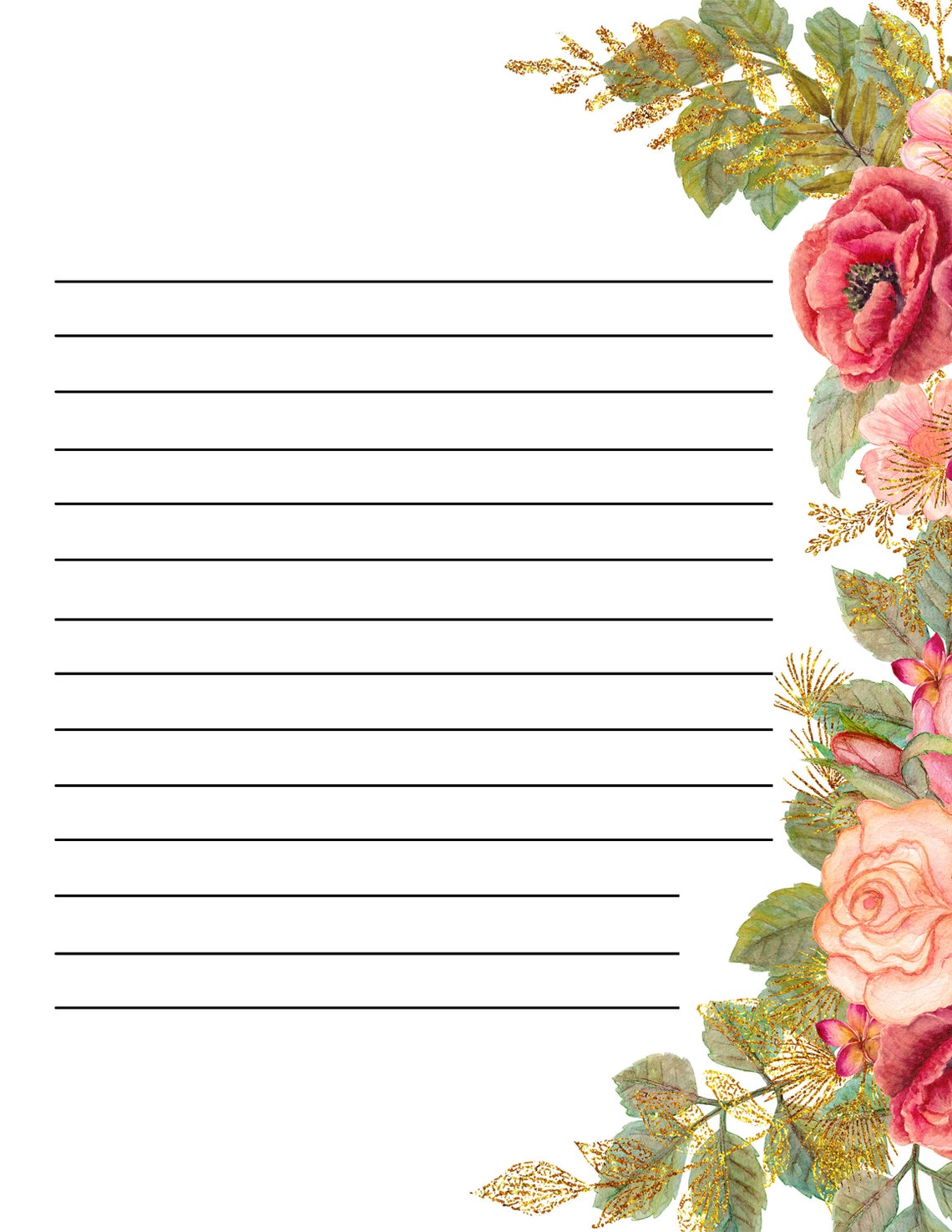 Lined Paper Printable Roses Digital Download/instant - Etsy