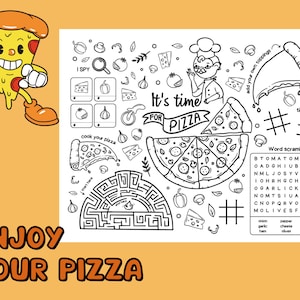 Kids Pizza Party Placemat Activity & Coloring Sheet Printable Kids ...