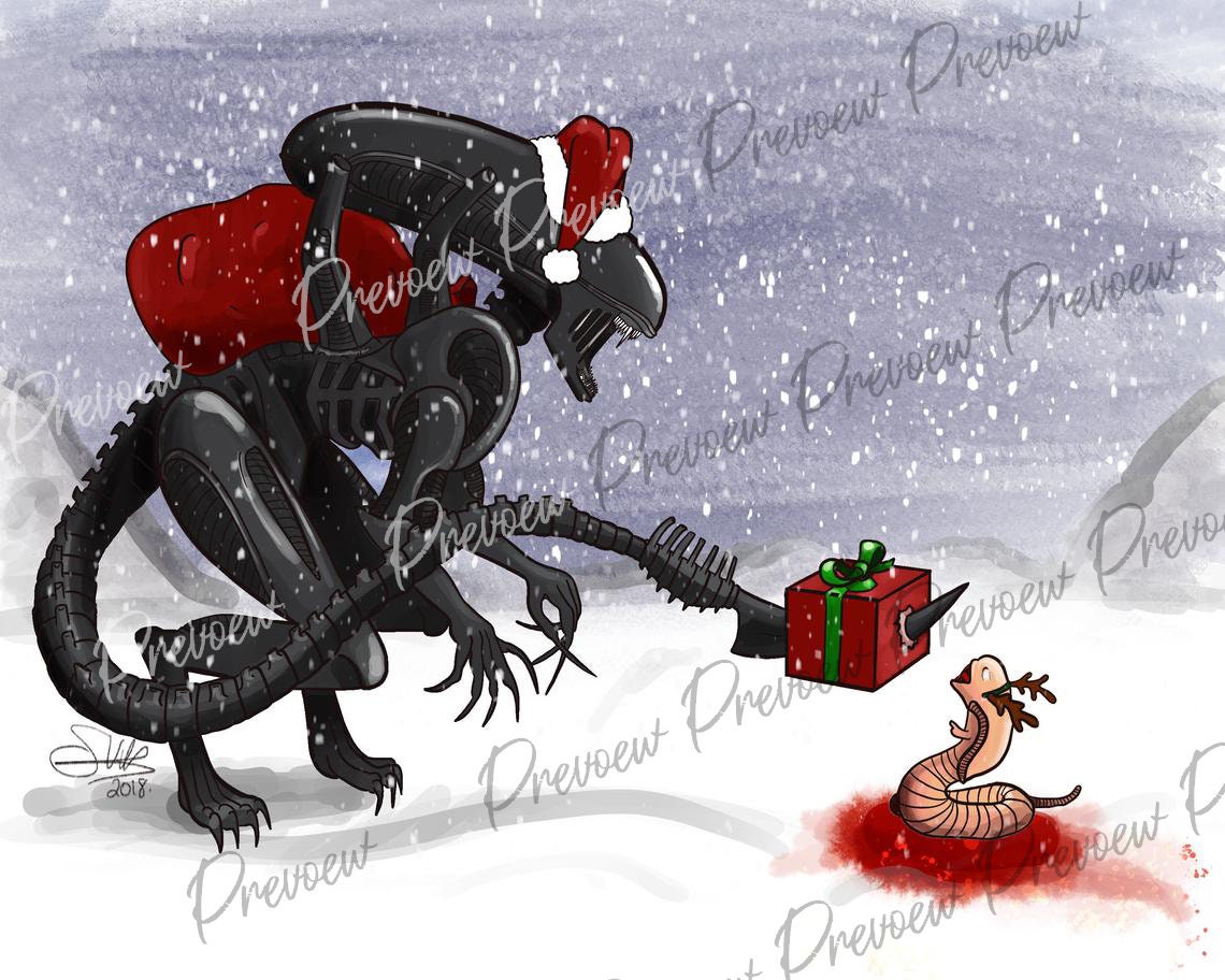Aliens Xenomorph Christmas Art Print Merry Christmas Chestburster Love ...
