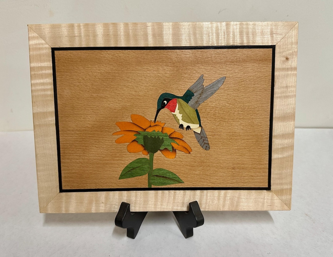 Handmade Marquetry Plaque. Hummingbird and Coneflower - Etsy