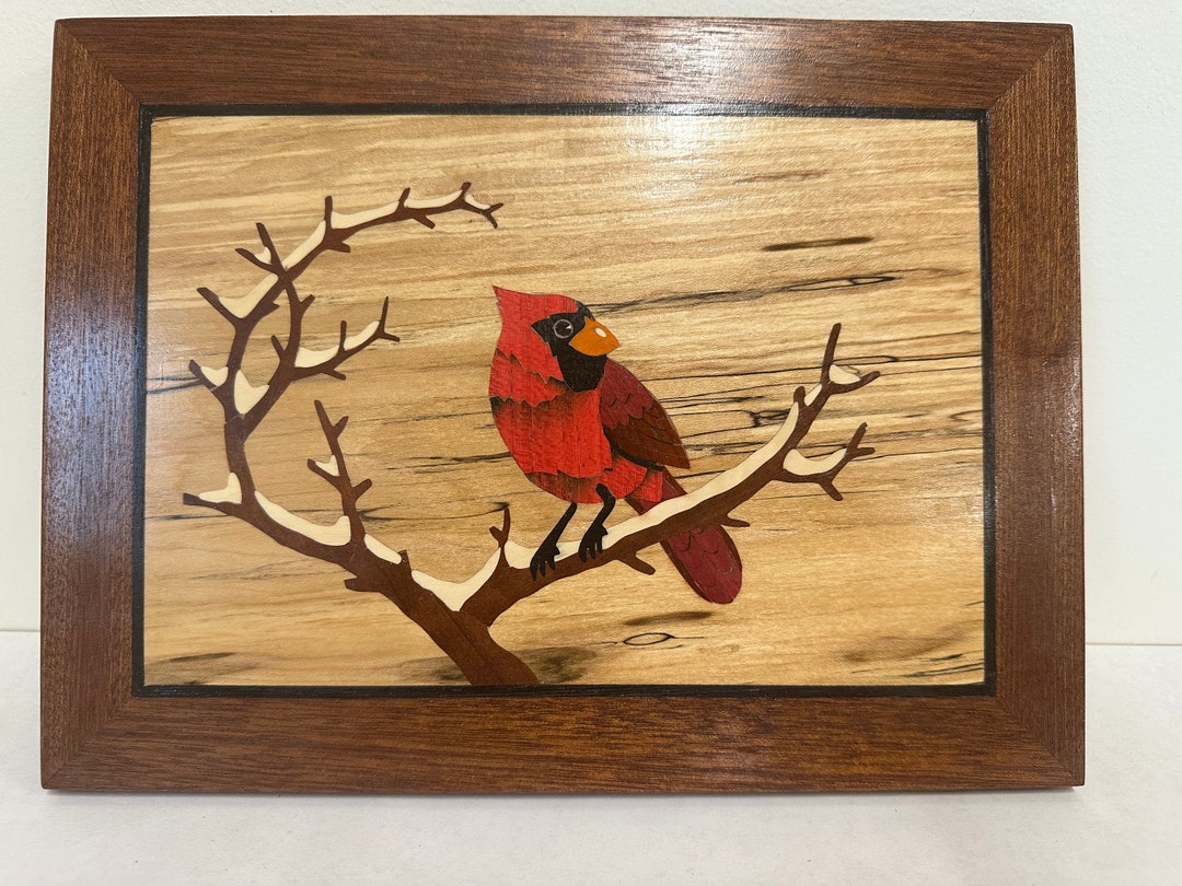 Handmade Marquetry Plaque: Cardinal in Snow - Etsy