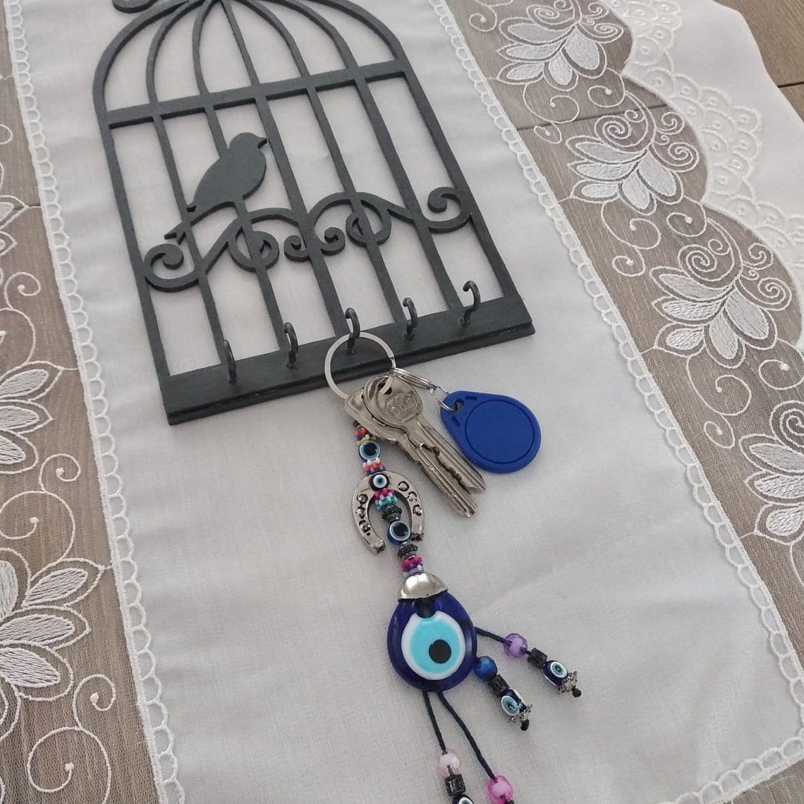 Personalized Black Bird Cage Key Holder Wood Wall Mount Custom First ...