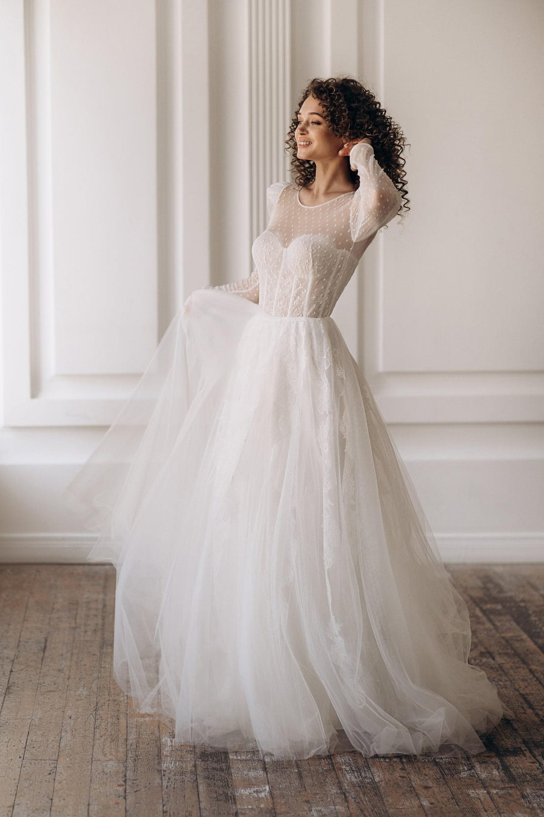 Delicate Tulle Bridal Gown, Lace Corset Wedding Dress, Long Sleeves ...