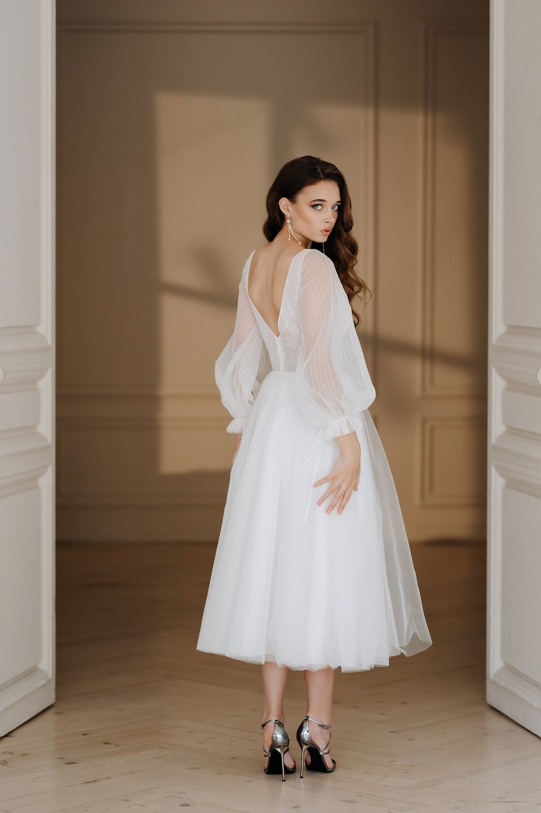 Midi Wedding Dress V-neck Tulle Bridal Gown Long Sleeves - Etsy