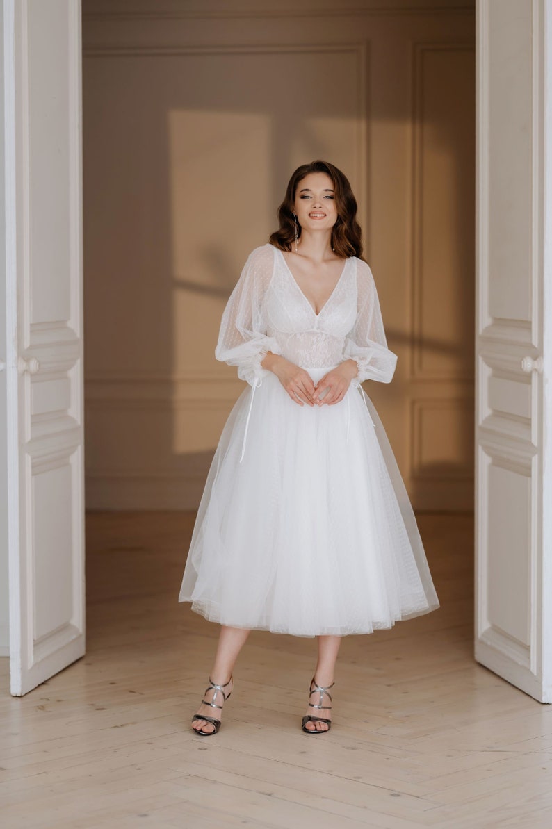 Midi Wedding Dress V-neck Tulle Bridal Gown Long Sleeves - Etsy