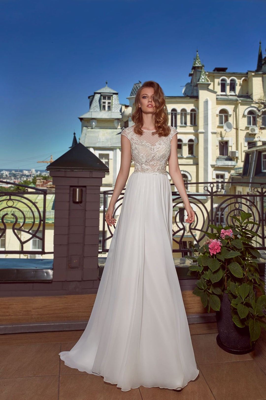 Modest Wedding Dress, Short Sleeve Chiffon Bridal Gown, Rustic or ...