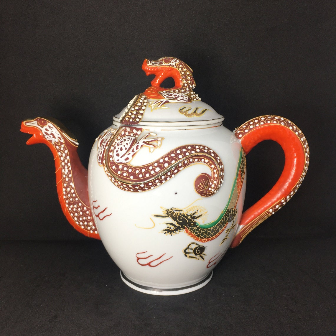 Antique Hand Painted Japanese Dragonware 3D Teapot Red White Stunning ...