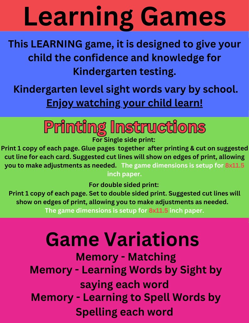 Kindergarten Sight Words Go Fish and Game of Memory Fun Learning ...