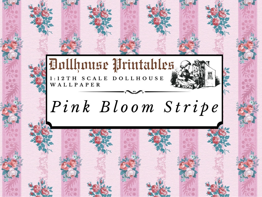 Pink Floral Stripe Dollhouse 1:12 Scale Wallpaper Digital Download ...