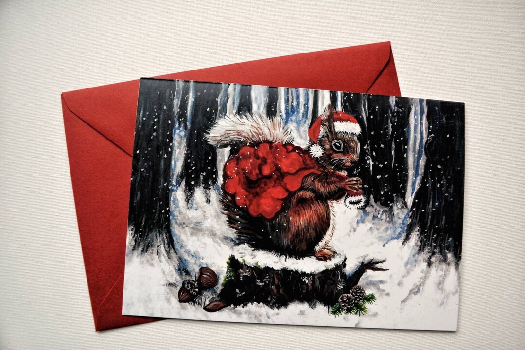 Santa Red Squirrel Christmas Greeting Cards | Festive Snowy Winter ...