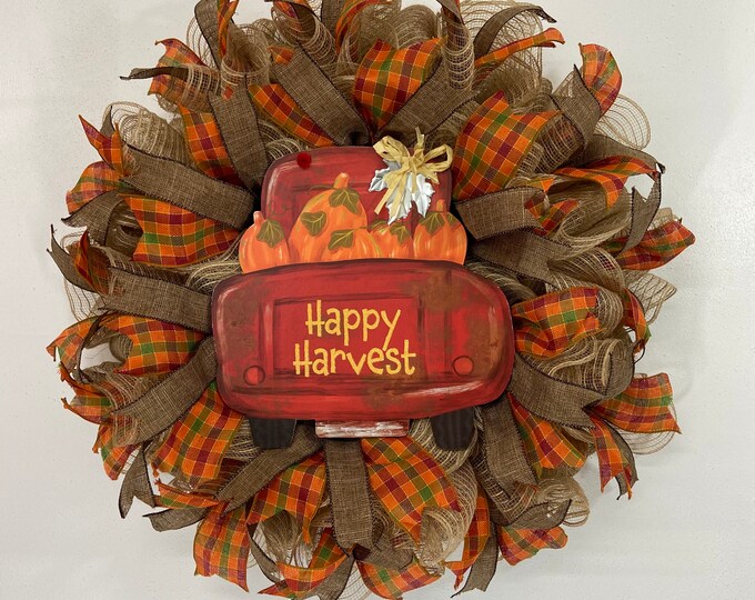 Fall Red Truck Front Door Wreath, Deco Mesh, Autumn Wreath, Farmhouse ...
