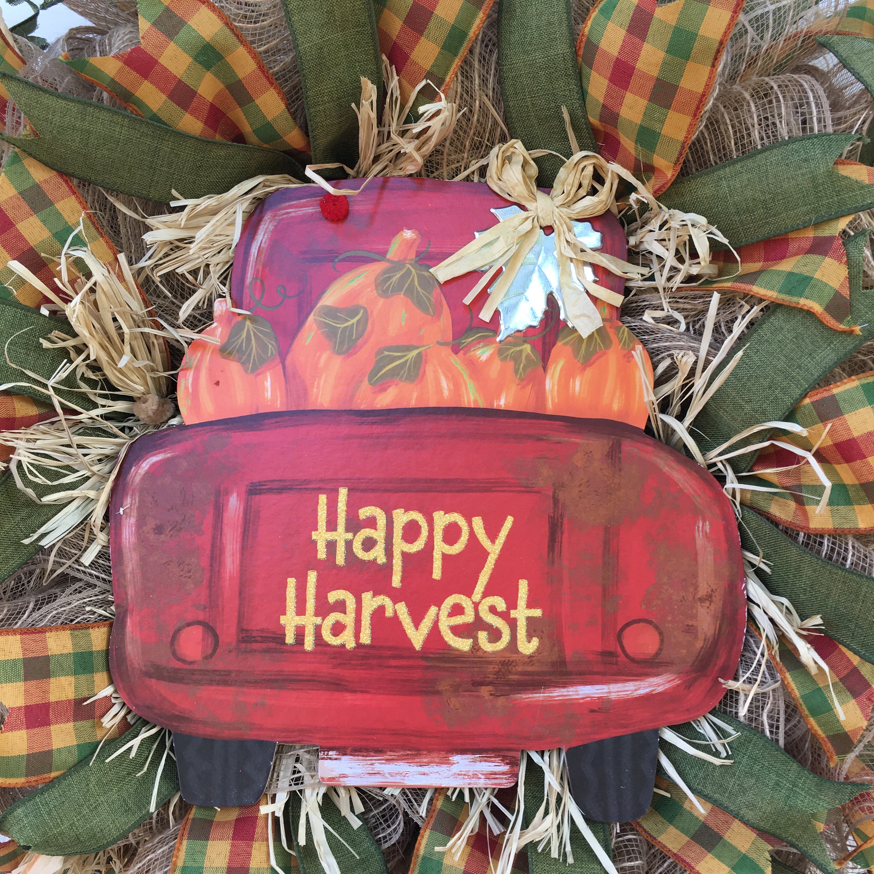 Fall Red Truck Happy Harvest Front Door Wreath Deco Mesh | Etsy