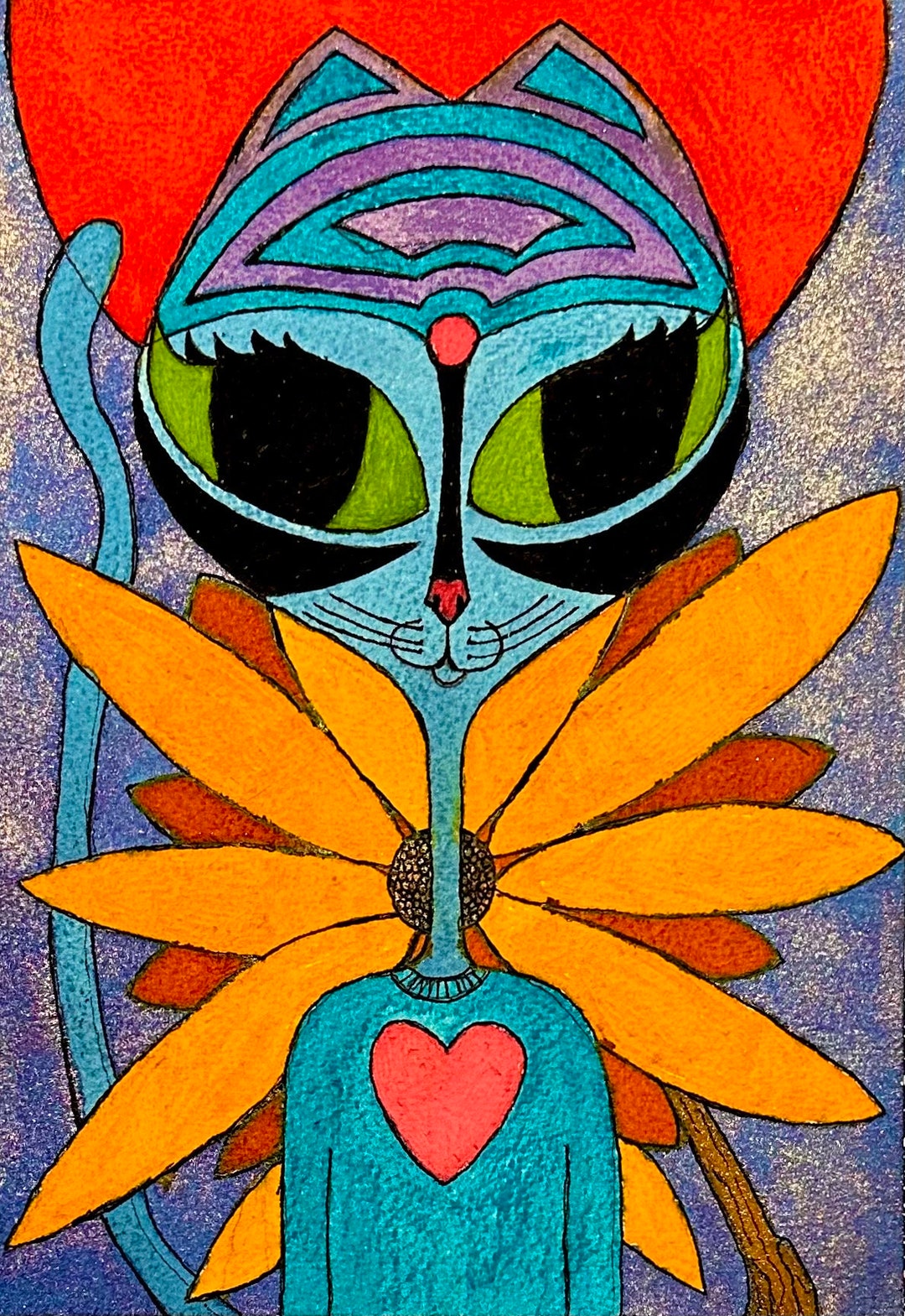 BE MINE Cat Painting Blue and Pink Heart Cat, 7 X 10 - Etsy