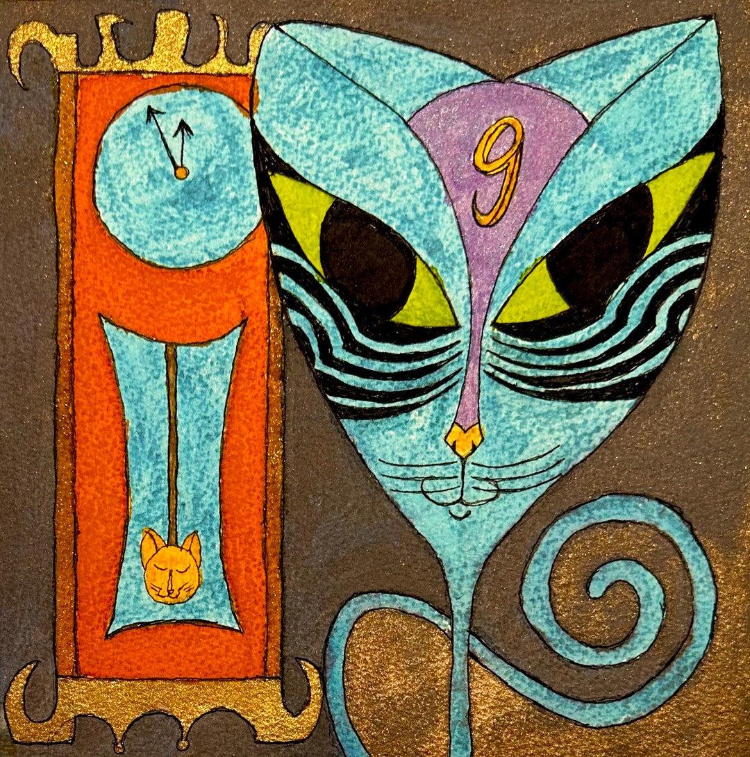 Spiral Tail Cat Blue on Last Life (9) W Doomsday Clock 8" X 8" - Etsy