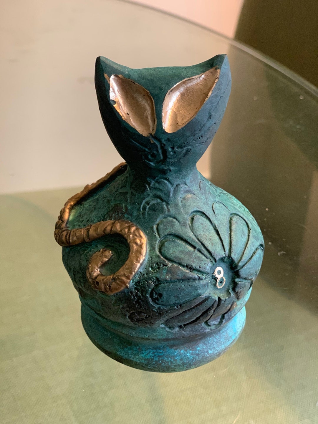 Small Bronze Cat Sculpture 1 With Green Patina and Polished - Etsy