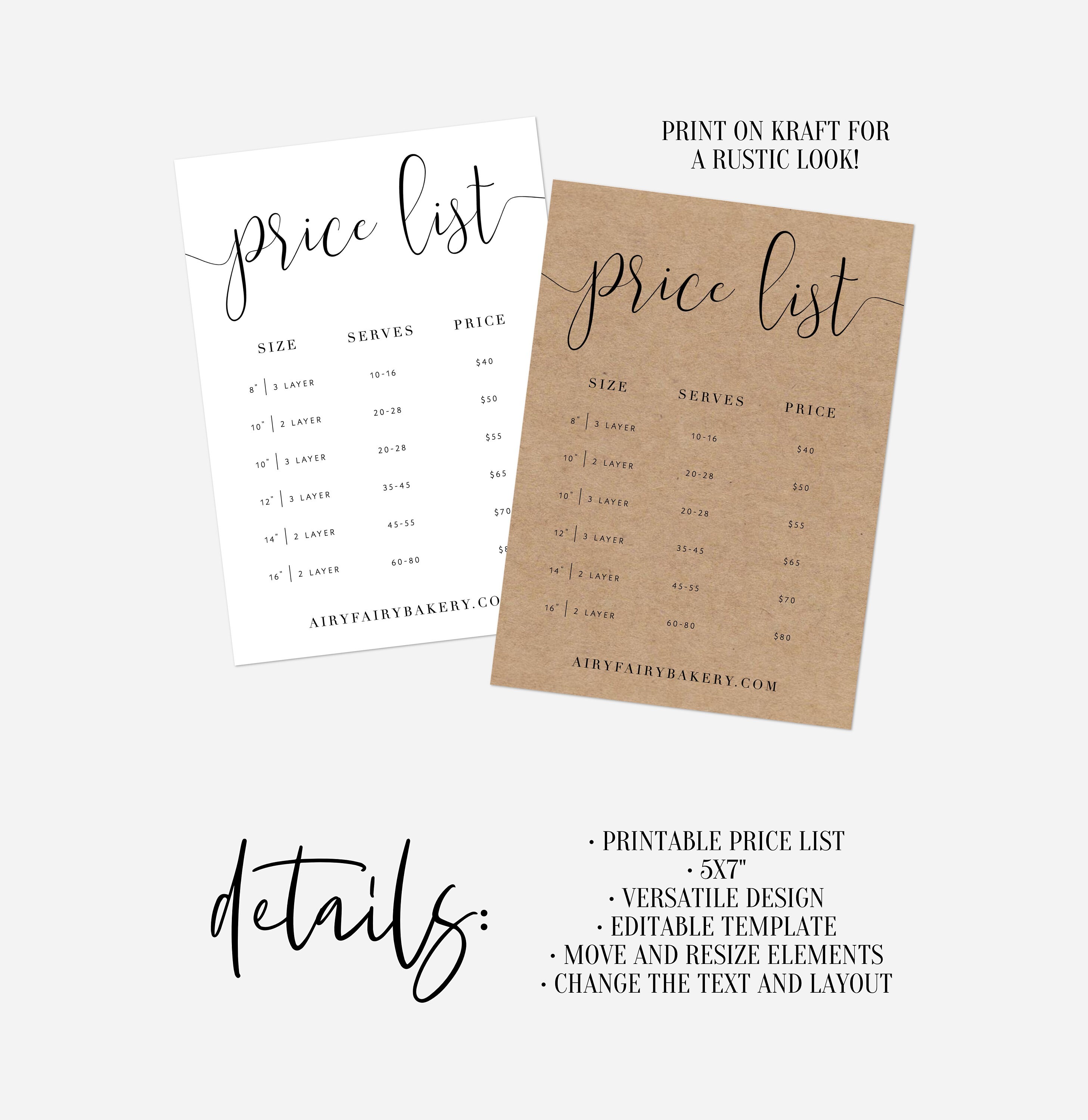 Printable Price Guide Template Printable Price List Template | Etsy