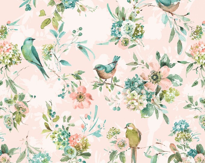 Mint Crush, Pink Birds & Bouquets, Lisa Audit, Wilmington Prints, 100% ...