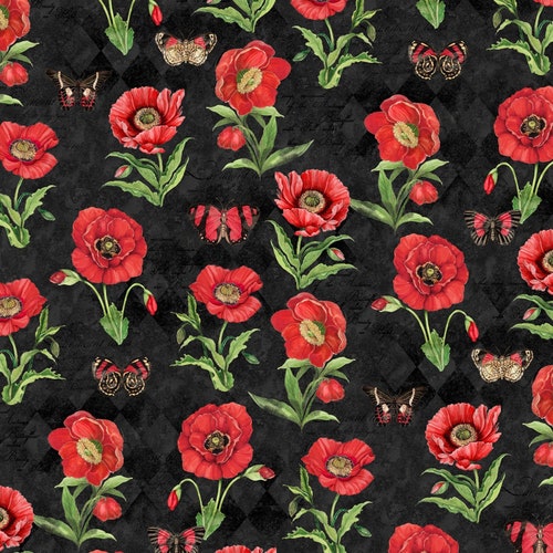 HARLEQUIN POPPIES Fabric Poppies & Butterflies Susan Winget - Etsy