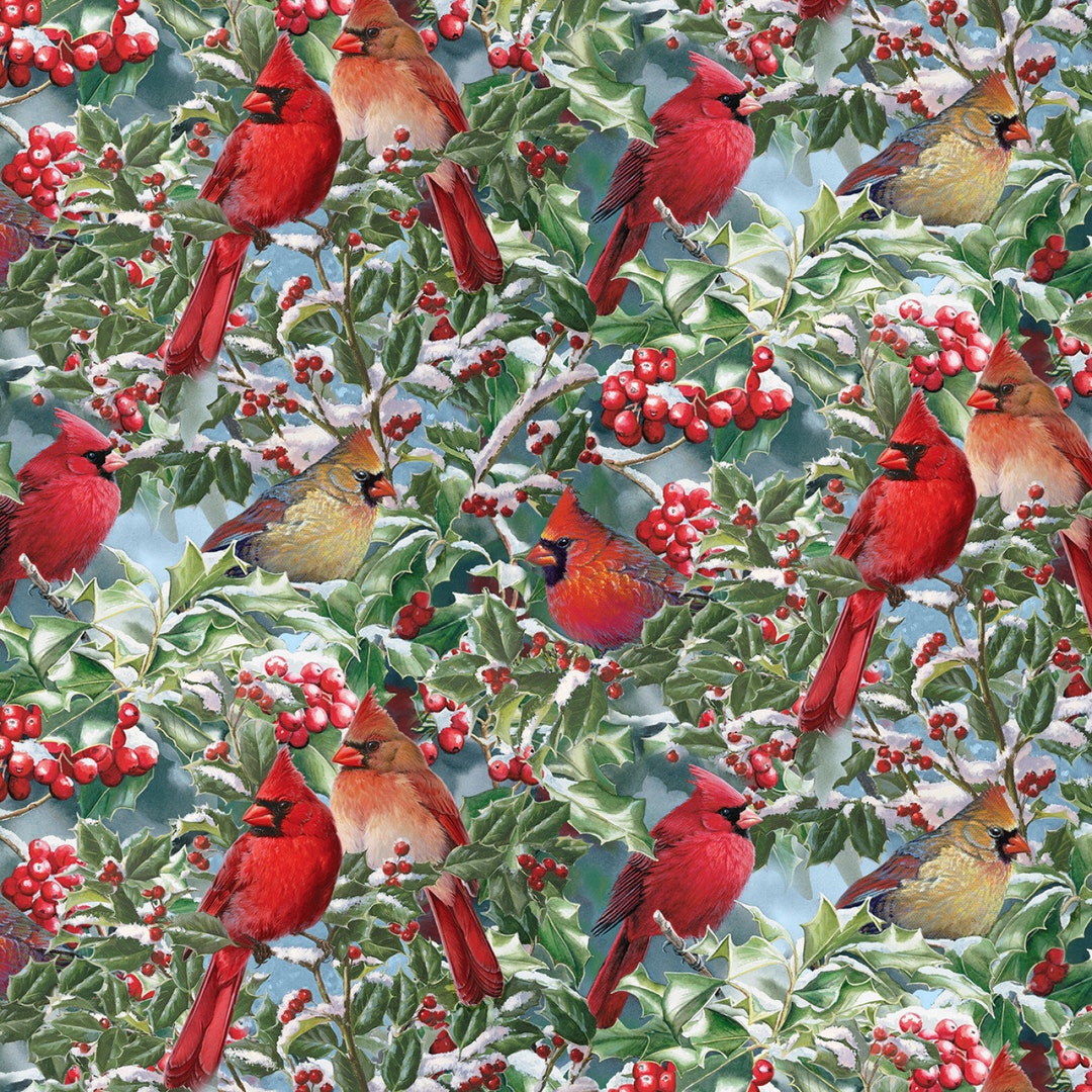 Cardinals, Christmas, Snowy Evergreen Pine Trees, 100% Cotton Quilting ...