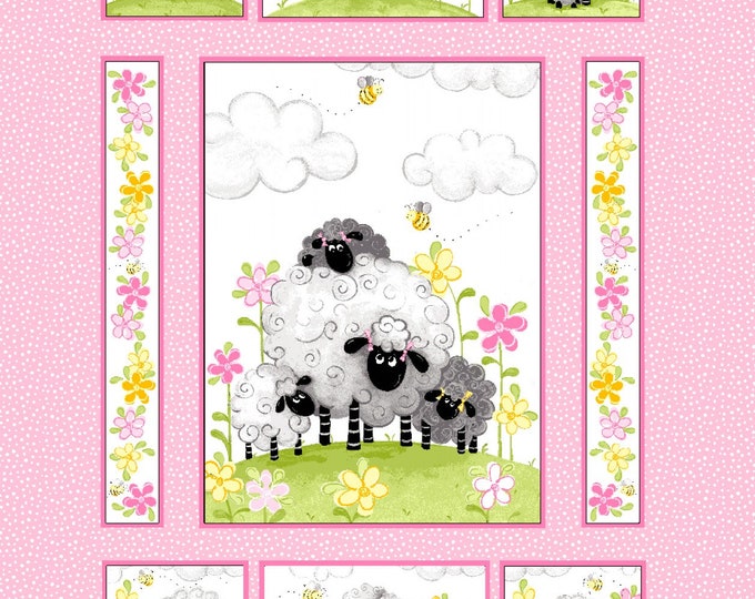 Susybee FLOWERS & BEES Panel Pink Yellow Lal the Lamb Clothworks 100% ...