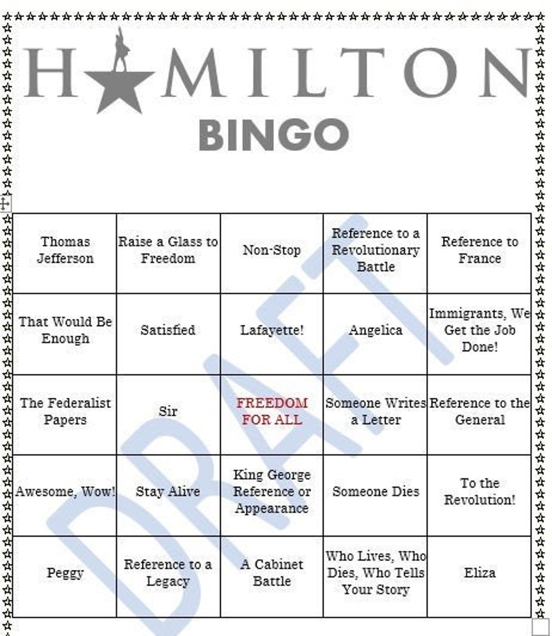 Hamilton Broadway Movie Bingo (75 Unique Instant Download Cards) - Etsy