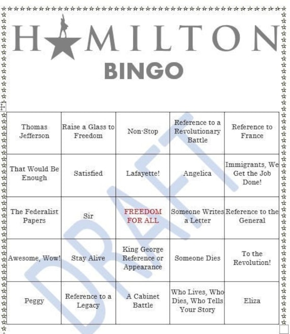 Hamilton Broadway Movie Bingo 75 Unique Instant Download - Etsy