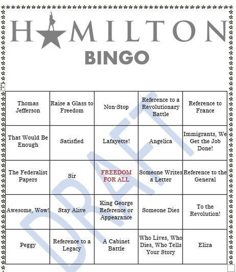 Hamilton Broadway Movie Bingo 75 Unique Instant Download - Etsy