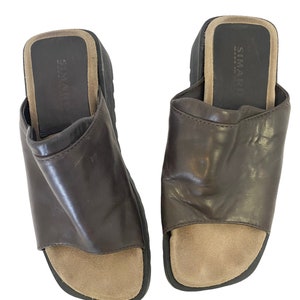 Brown Leather Slides Minimalist Vintage Platform Wedge Square Toe Slip ...