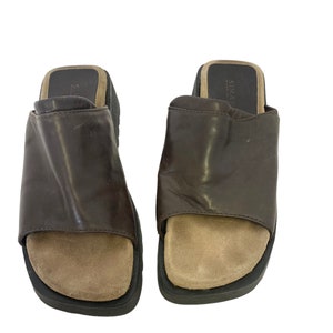 Brown Leather Slides Minimalist Vintage Platform Wedge Square Toe Slip ...