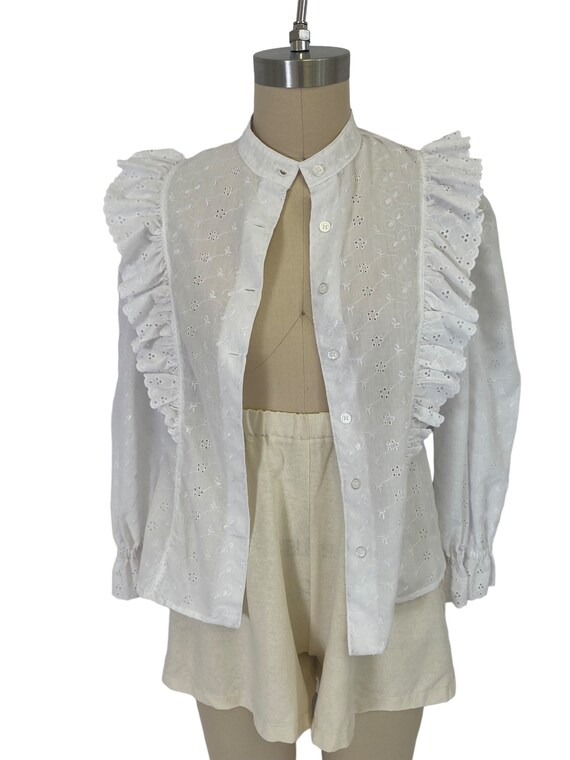 white cotton eyelet lace prairie blouse 70s boho ruff… - Gem
