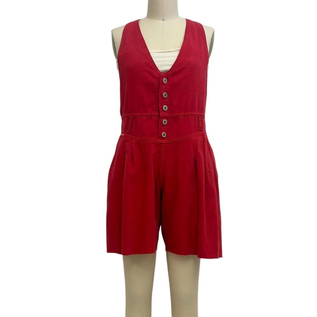 Red Denim Overall Romper 80s Vintage Mini Jean Jumpsuit M - Etsy