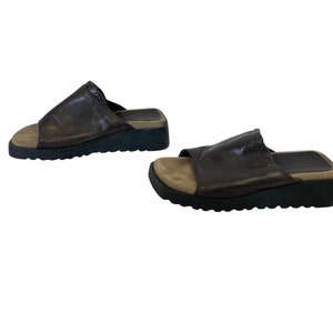Brown Leather Slides Minimalist Vintage Platform Wedge Square Toe Slip ...