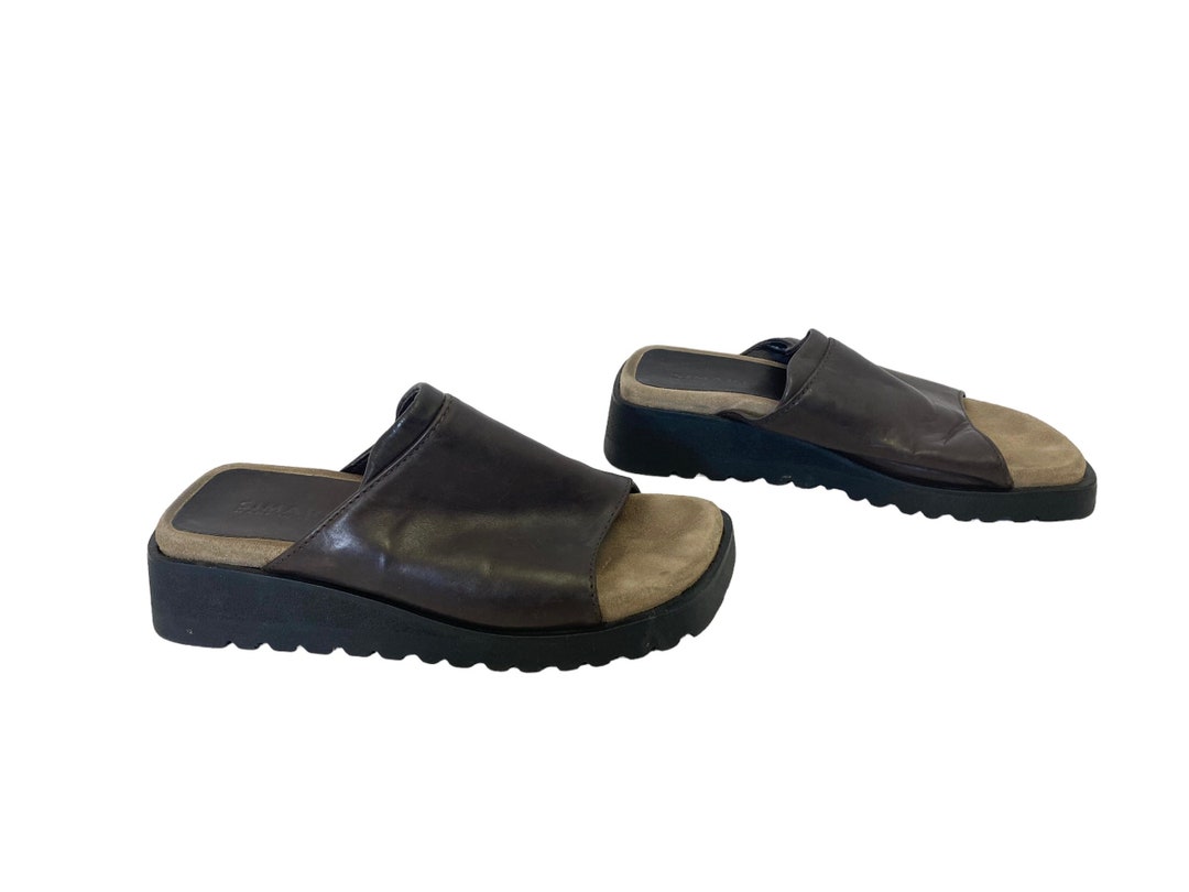 Brown Leather Slides Minimalist Vintage Platform Wedge Square Toe Slip ...