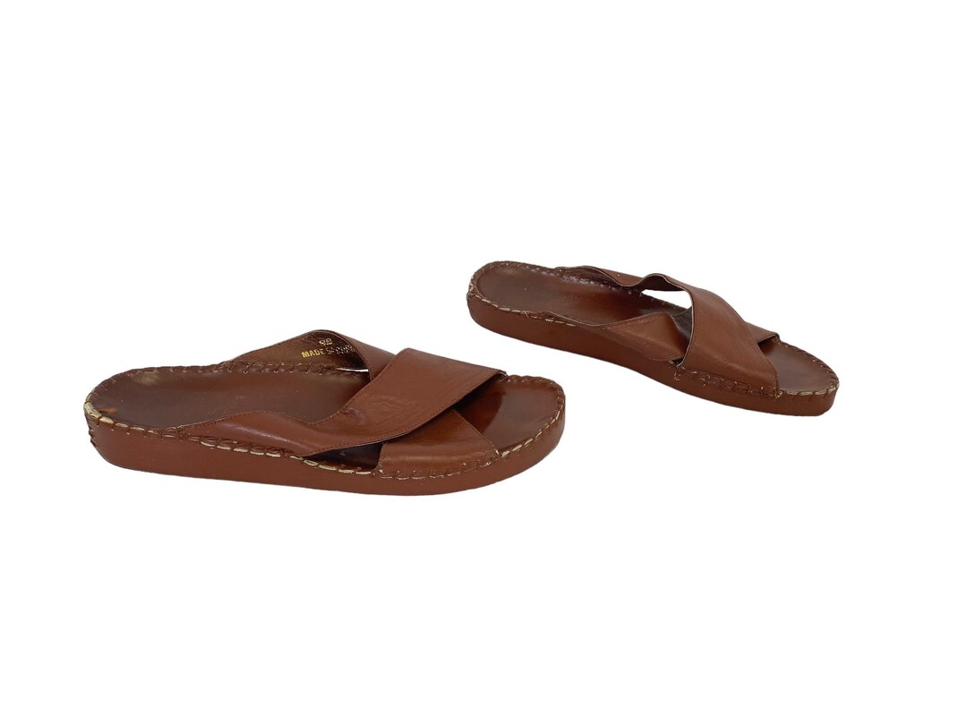 Clay Leather Slides 80s Vintage Minimalist Slip on Boho Criss Cross ...