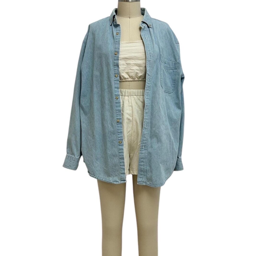 Faded Denim Button Down 90s Vintage Light Wash Oxford Utility Shirt L ...
