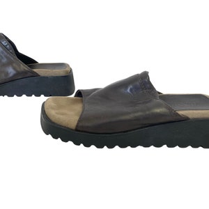 Brown Leather Slides Minimalist Vintage Platform Wedge Square Toe Slip ...