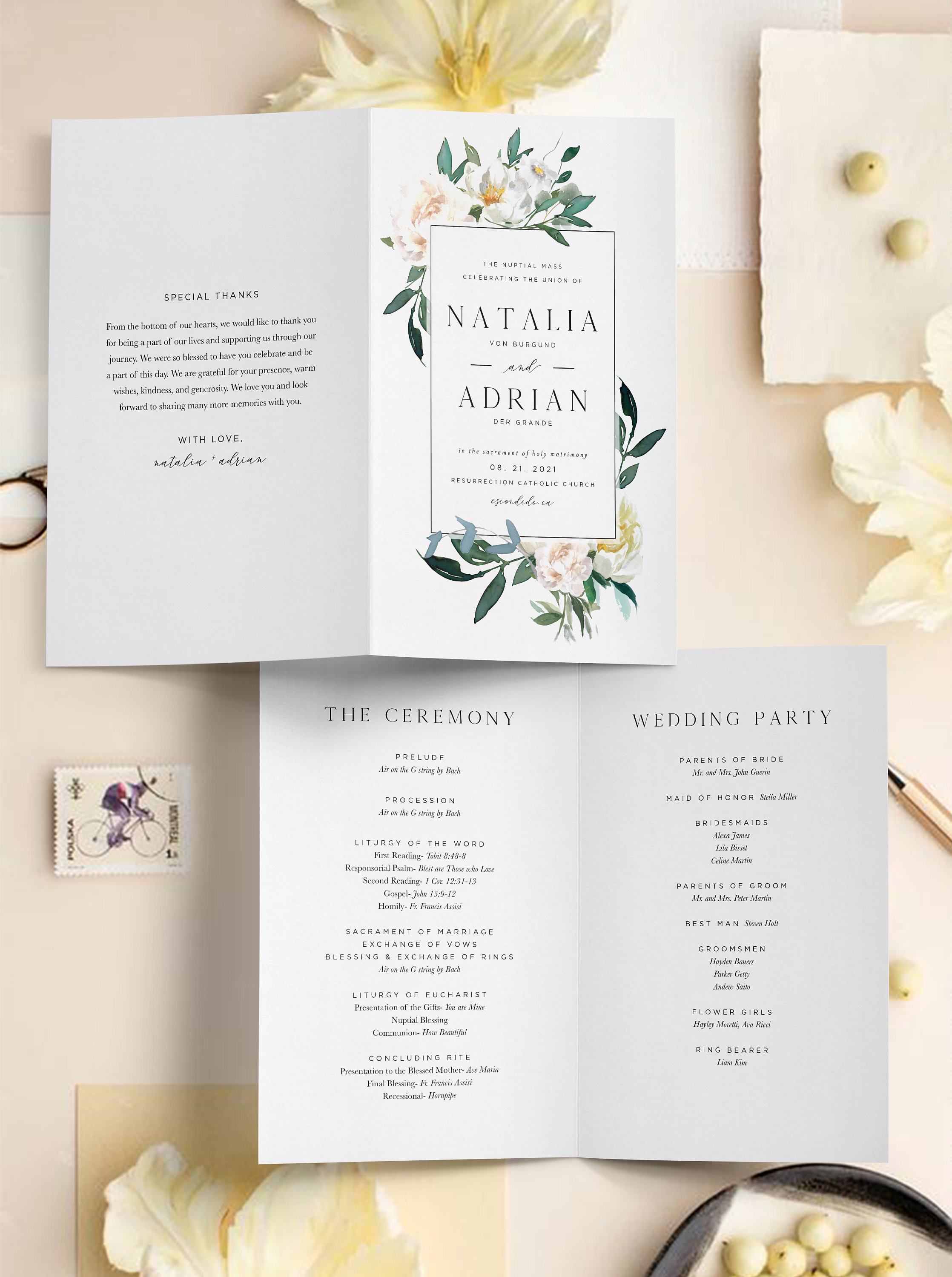 St. Natalia: Pearl- Catholic Wedding Program Template Custom Floral ...