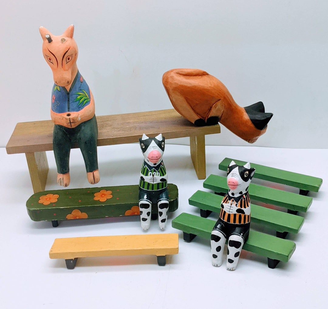 Vtg Handmade in Indonesia Painted Miniature Wooden Benches for Wooden ...